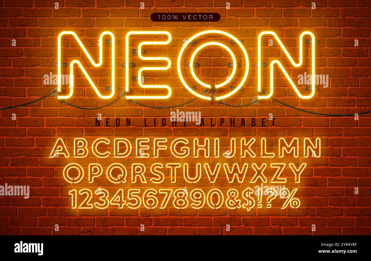 Glowing Neon Light Alphabet with Cable and Shadow on Vintage Brick Wall ...