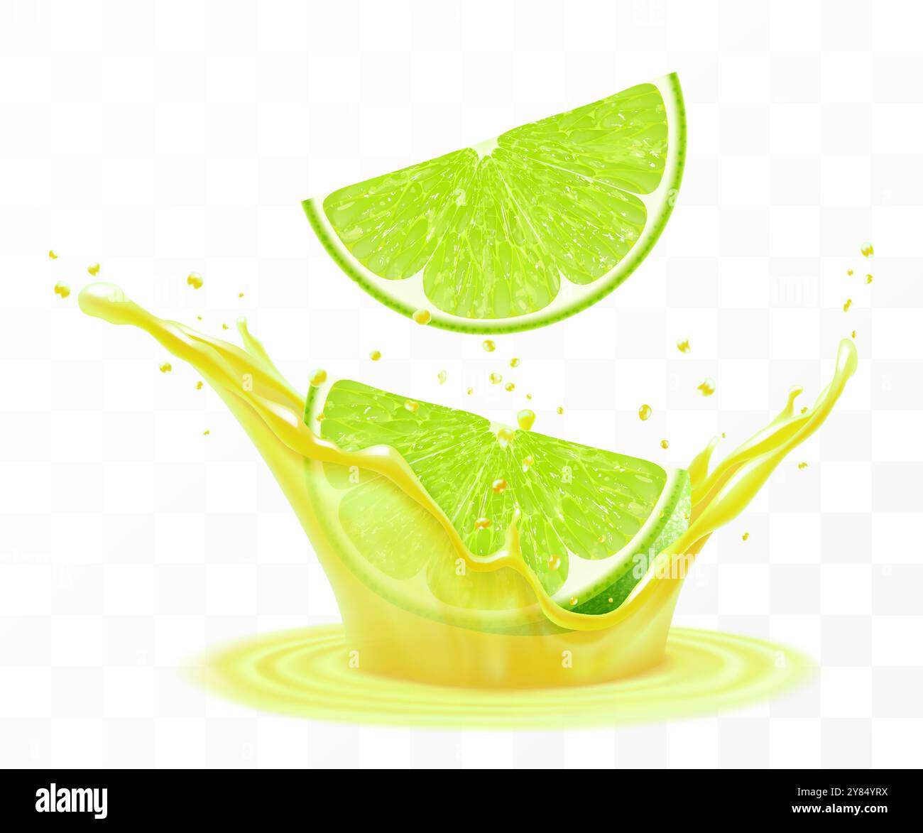 Fresh ripe lime slices falls into a splash of juice, isolated on ...