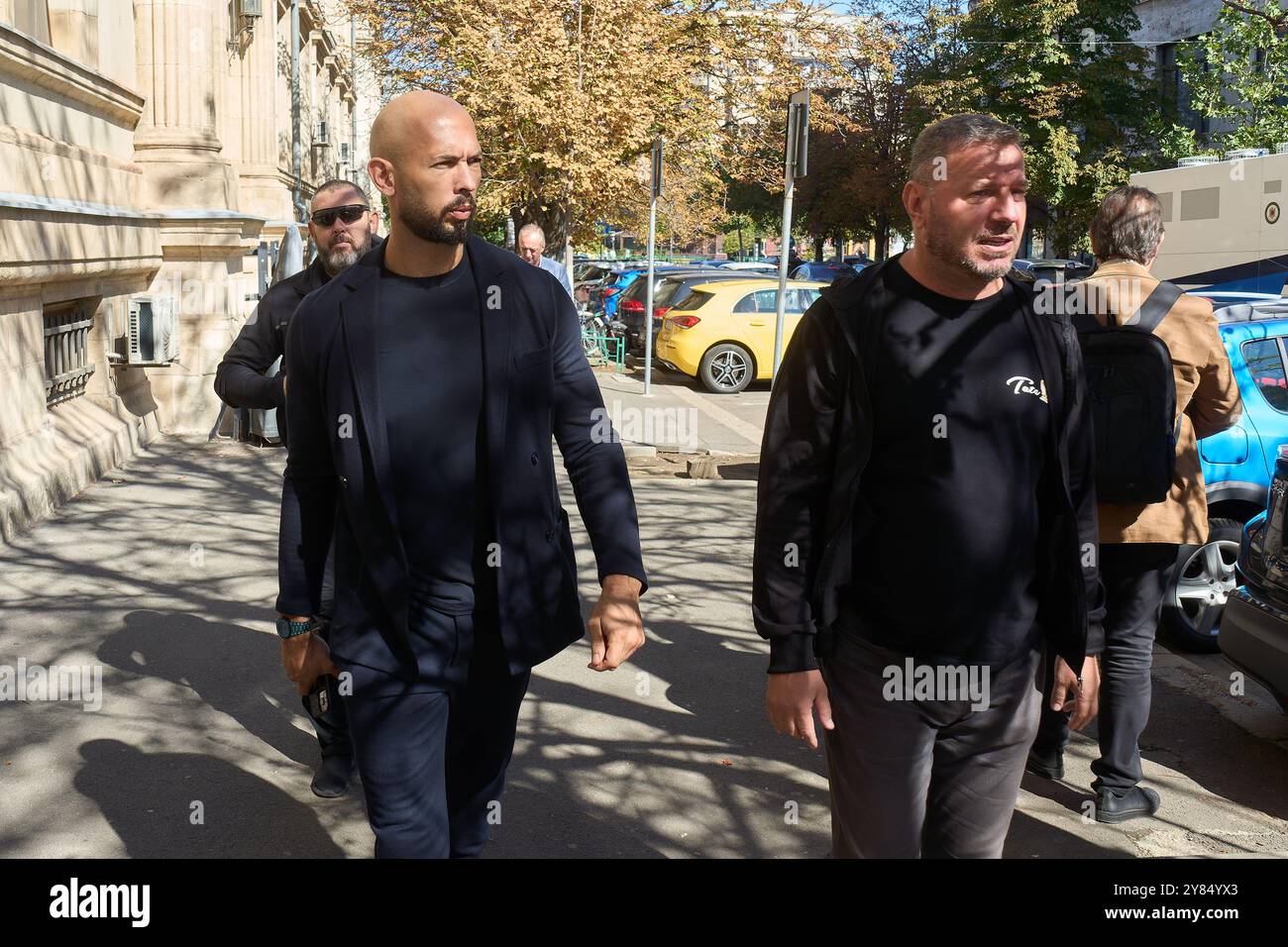 Bucharest, Romania. 2nd Oct, 2024: Andrew Tate (L) leaves the Bucharest Court of Appeal. Credit ...