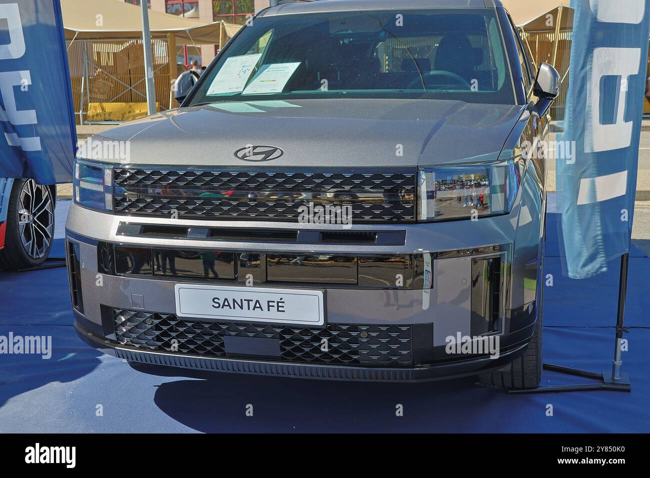Front view of a brand new hyundai santa fe suv standing on display at a ...