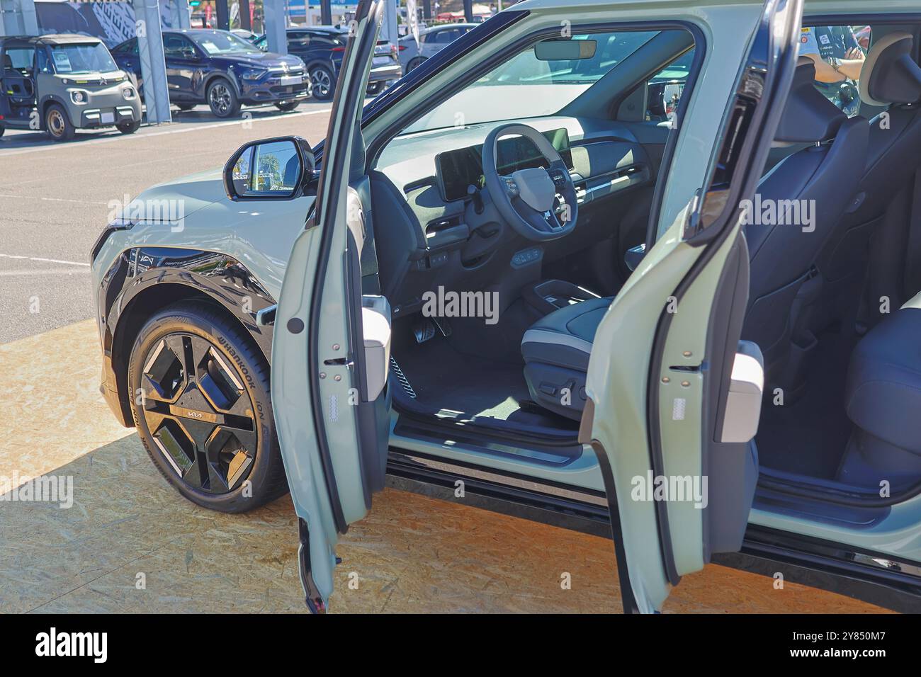 Showing the interior of a brand new kia niro ev electric car with open ...