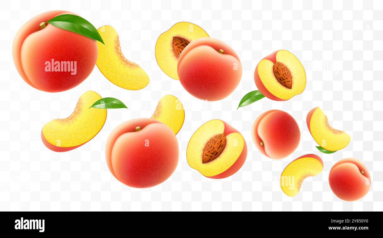 Flying ripe peach. Bright advertising background falling juicy sweet ...