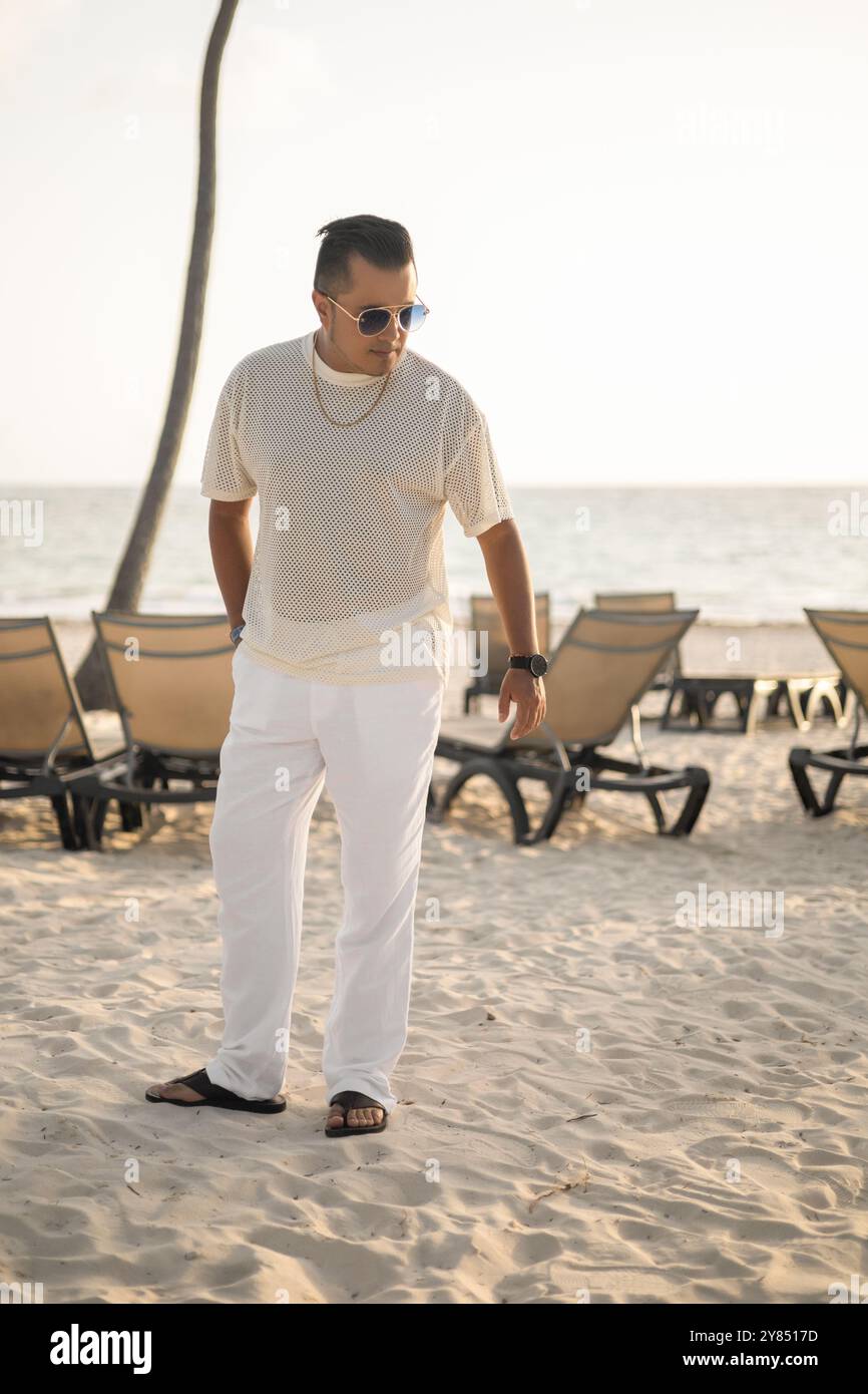 natural landscape on the beach, person wear sunglasses, t-shirt and ...