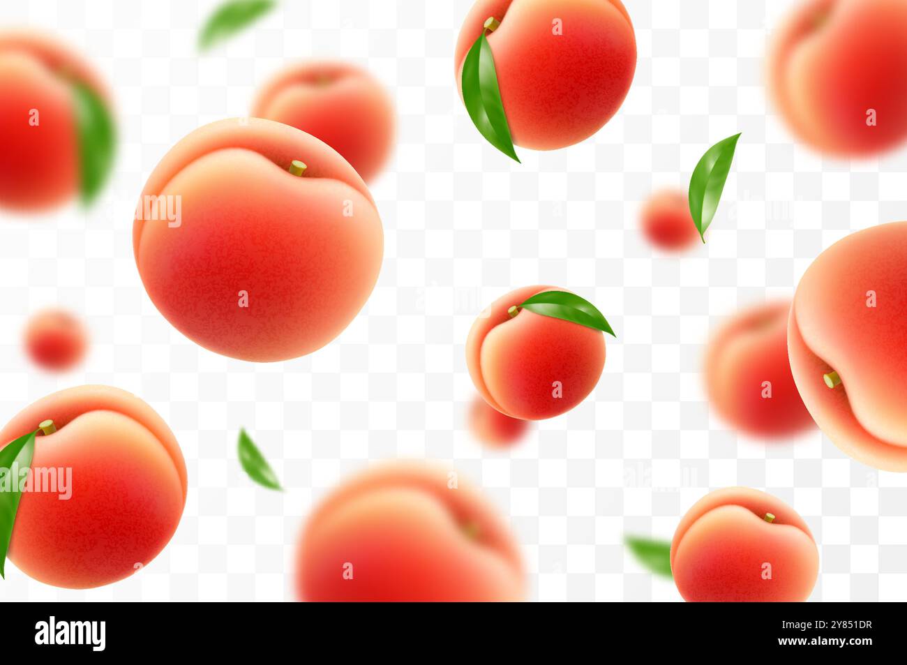 Flying ripe peach. Bright advertising background falling juicy sweet ...