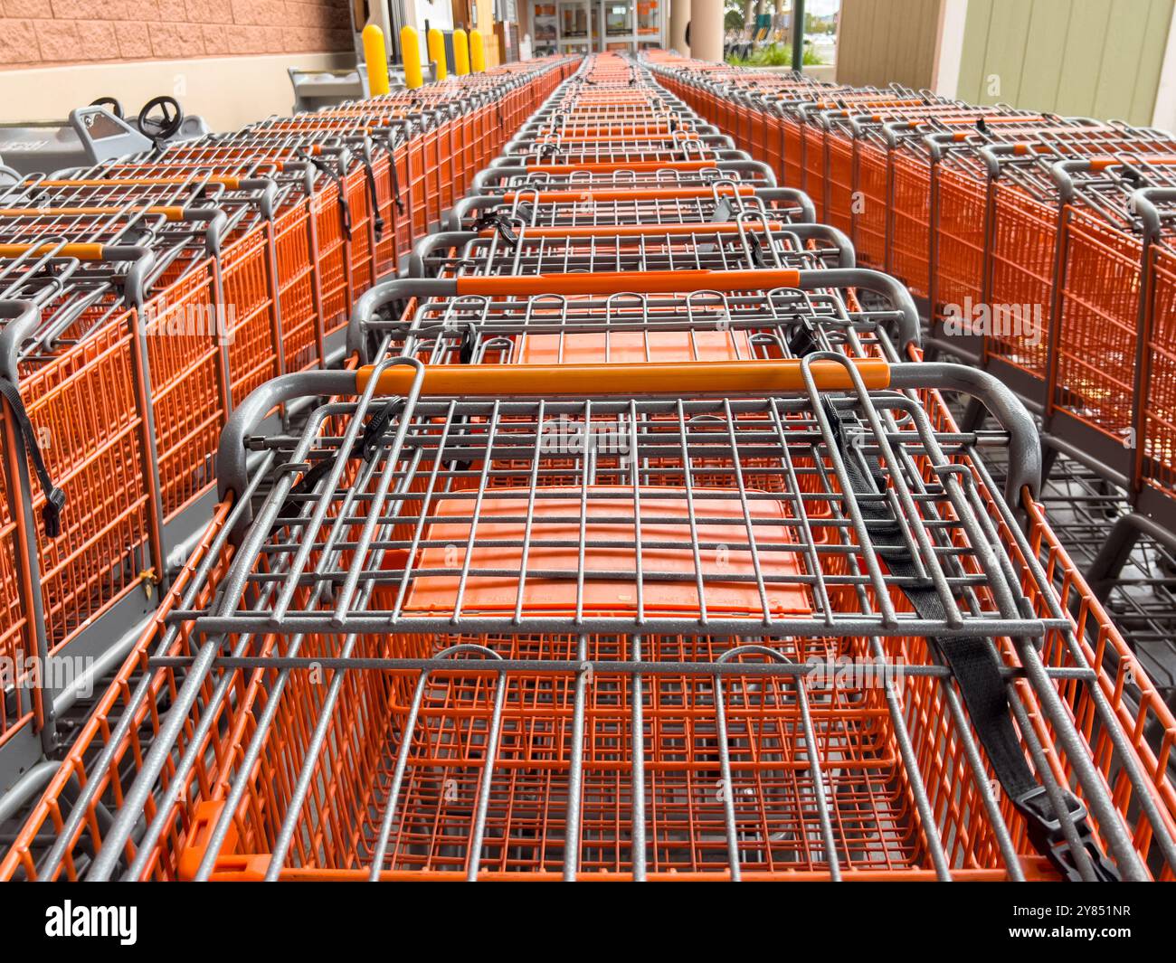 Rows of Orange Shopping Carts Outside Store Entrance Stock Photo - Alamy