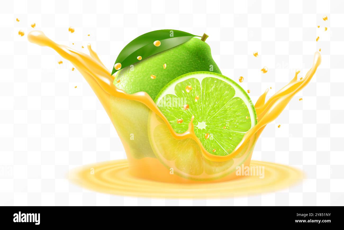Lime juice. Fresh ripe lime falls into a splash of juice, isolated on ...