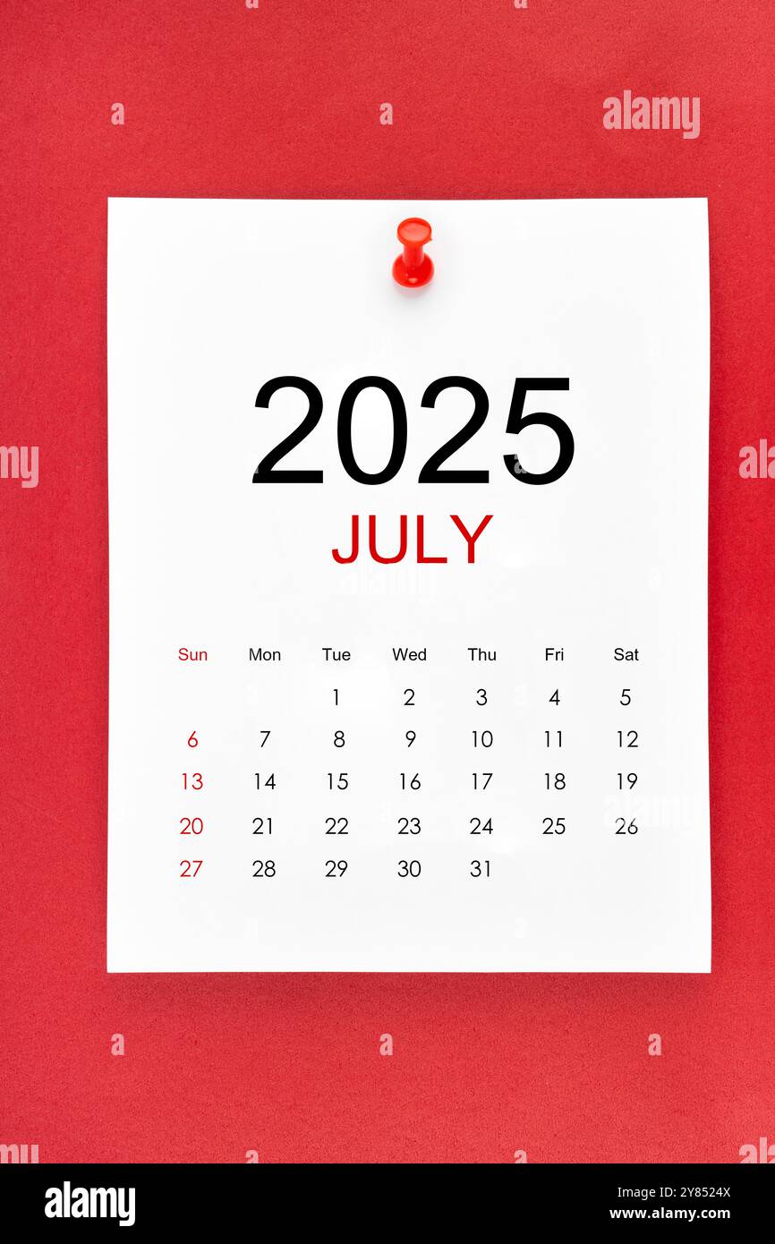July 2025 calendar page with push pin on red color background Stock ...