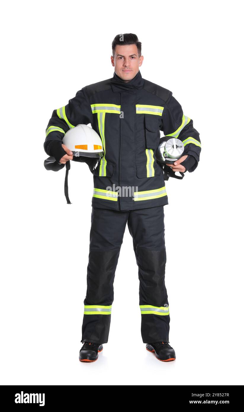 Full length portrait of firefighter in uniform with helmet and gas mask ...
