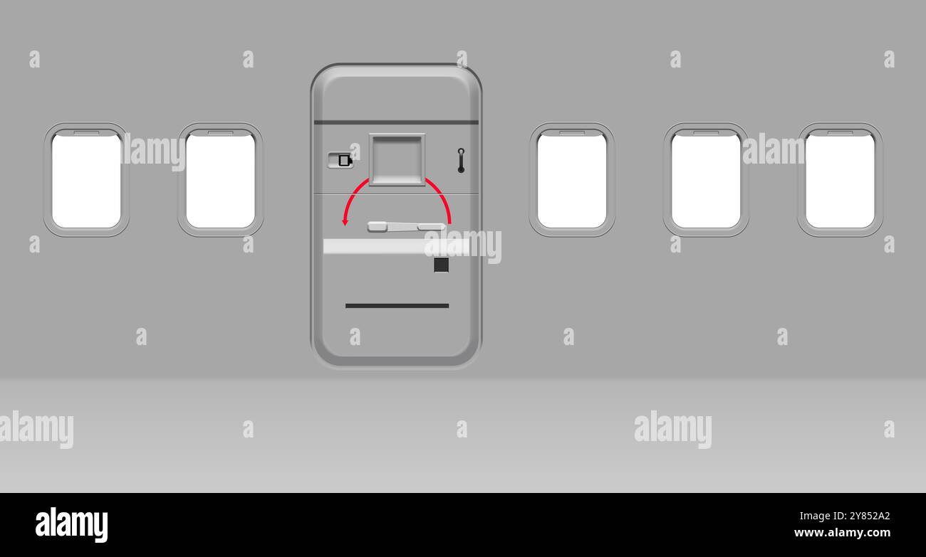 Airplane windows and door, view from inside cabin with grey sidewall ...