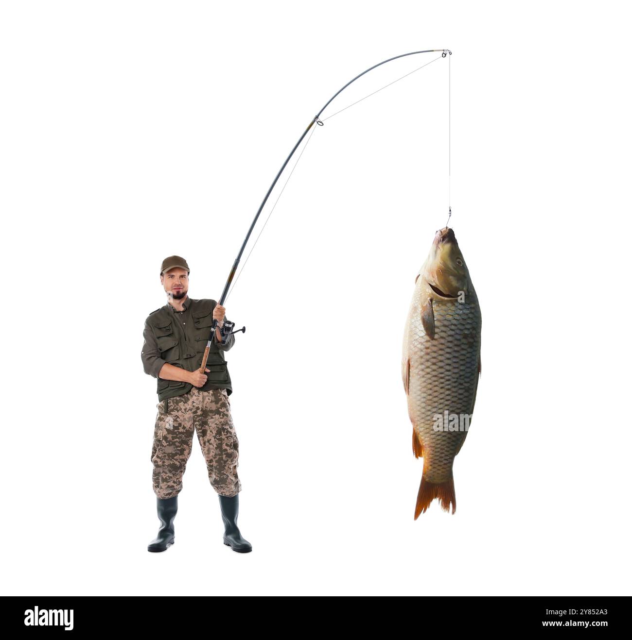 Fisherman in rubber boots catching fish on white background Stock Photo ...