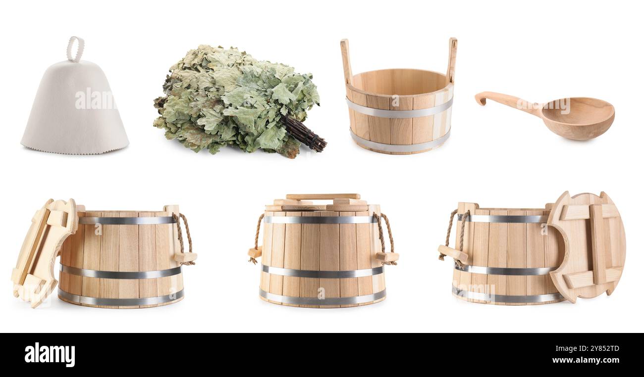 Different sauna items isolated on white, set Stock Photo - Alamy