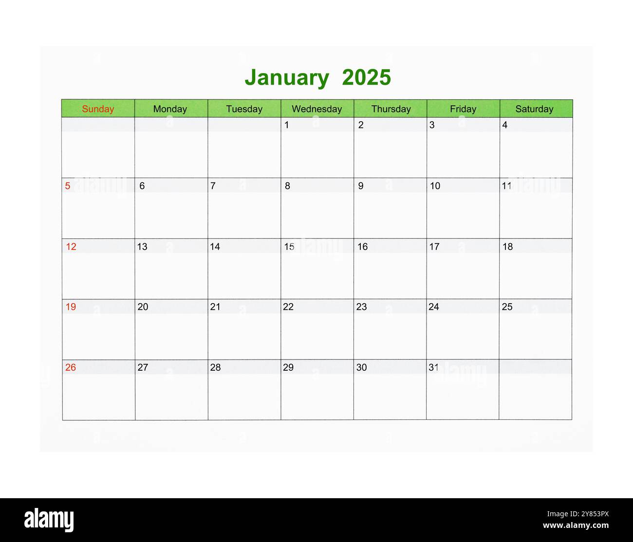 January 2025 Calendar page for 2025 year isolated on white background ...