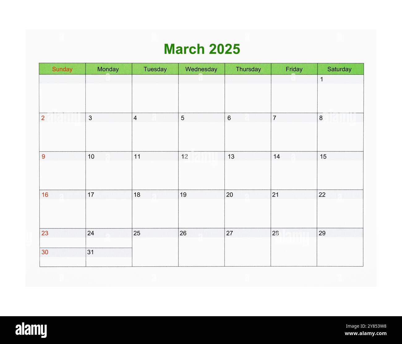 March 2025 Calendar page for 2025 year isolated on white background ...