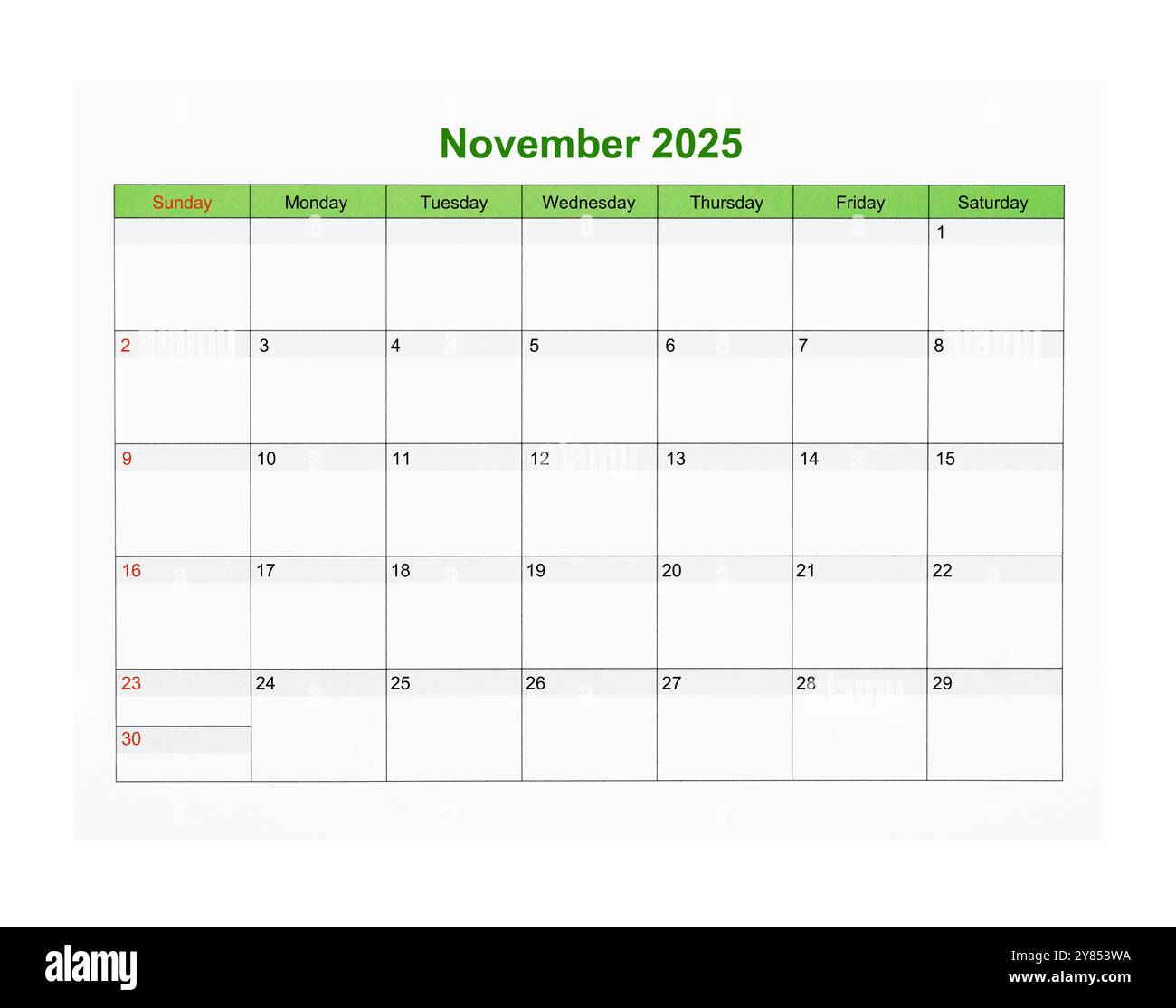 November 2025 Calendar page for 2025 year isolated on white background ...