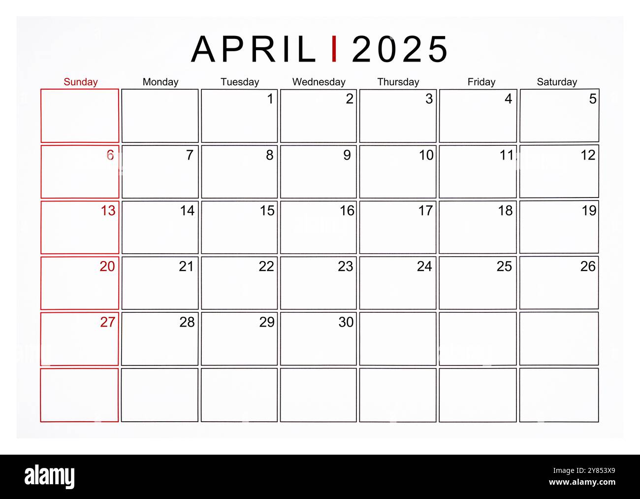 April 2025 monthly calendar page isolated on white background, Saved ...