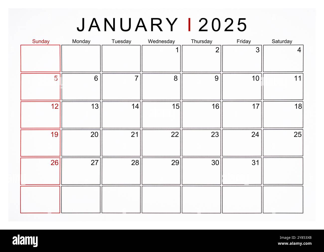 January 2025 monthly calendar page isolated on white background, Saved ...