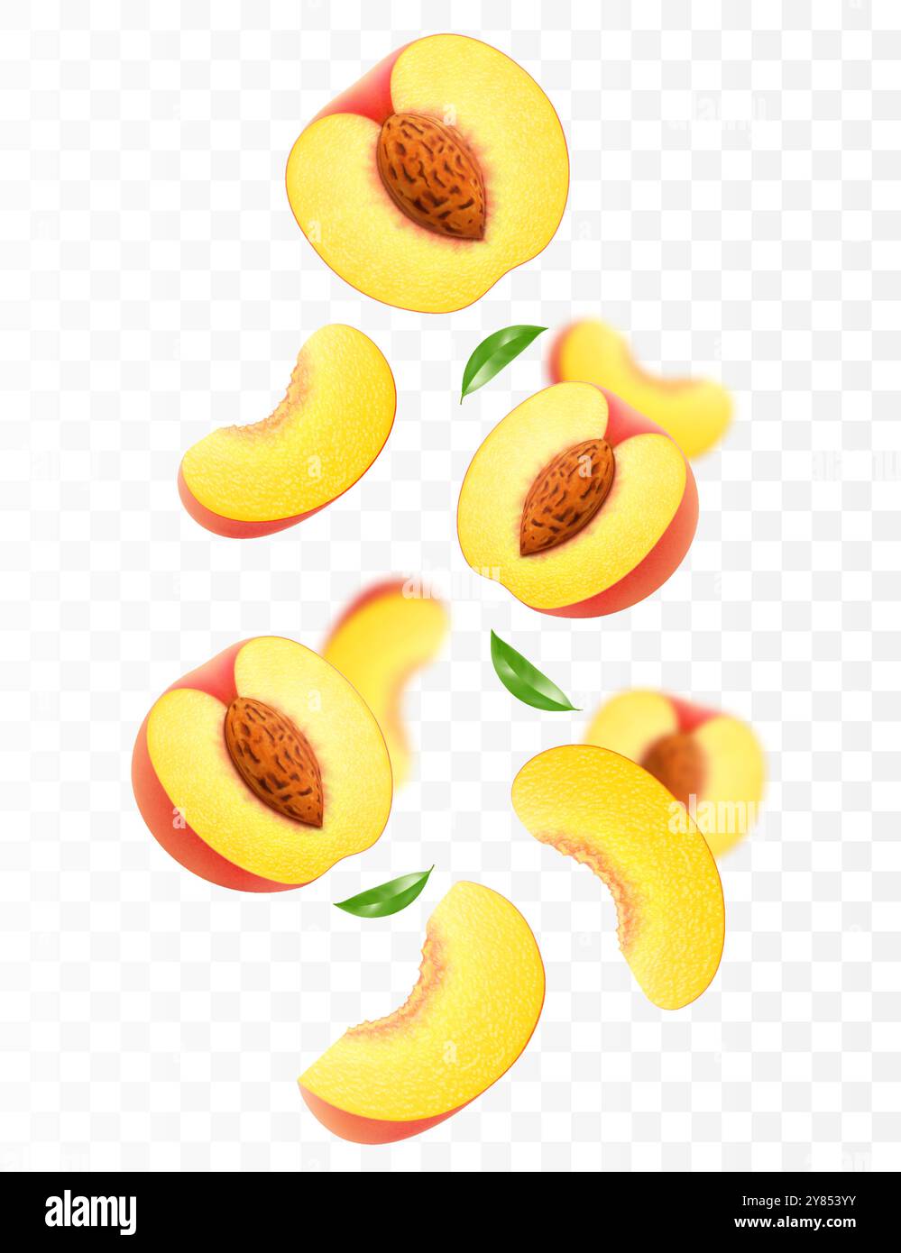 Flying ripe peach. Bright advertising background falling juicy sweet ...