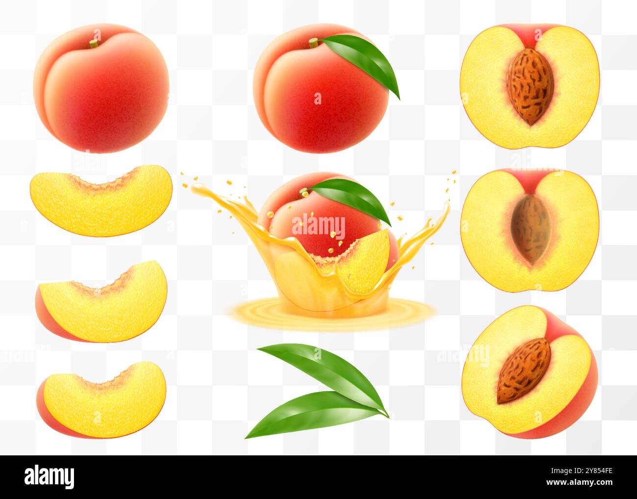 Ripe peaches fruits set. Half, whole and slice of juicy peach, peach in ...