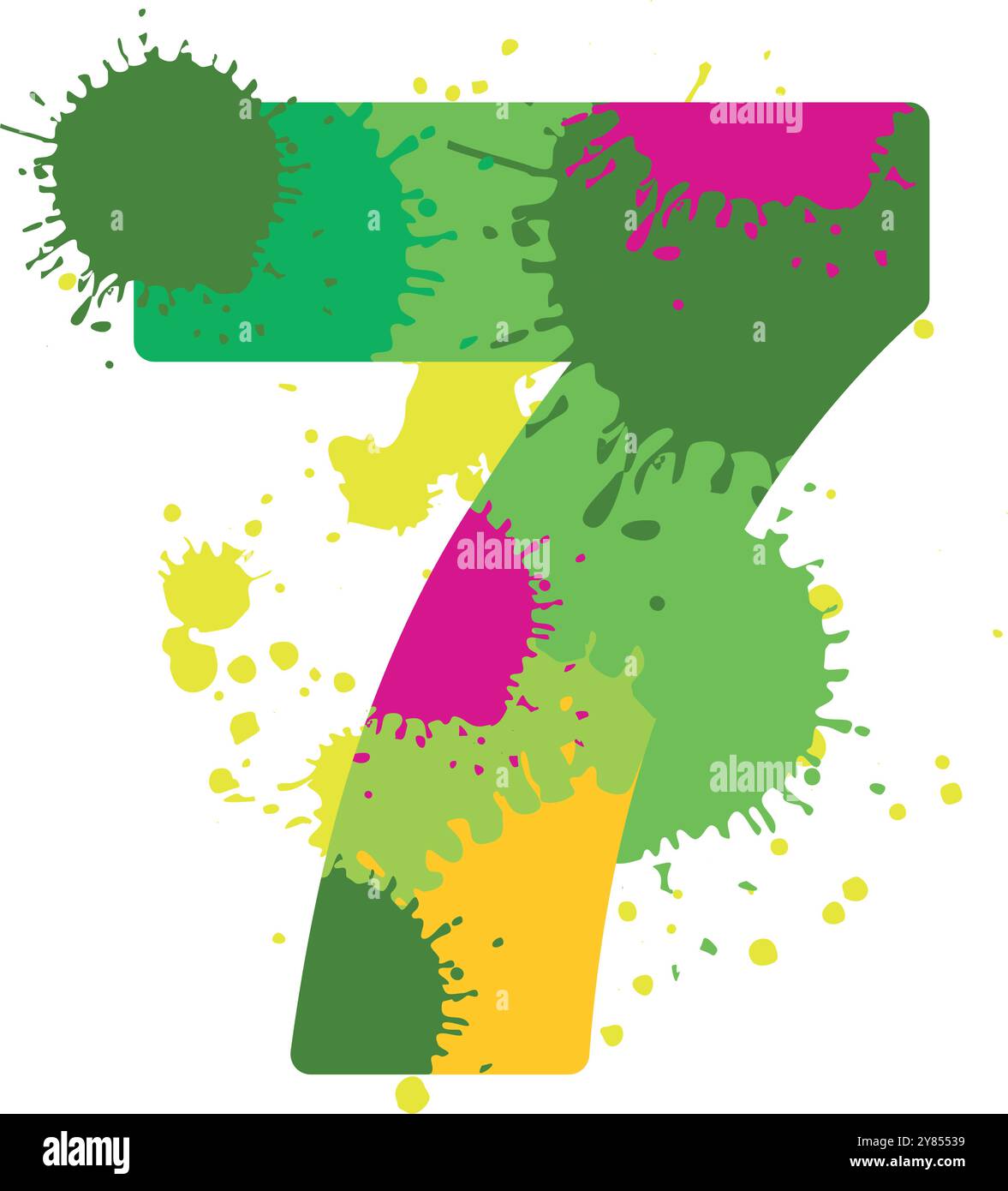 Seven number with grungy color splashes. Paint drops isolated on white ...