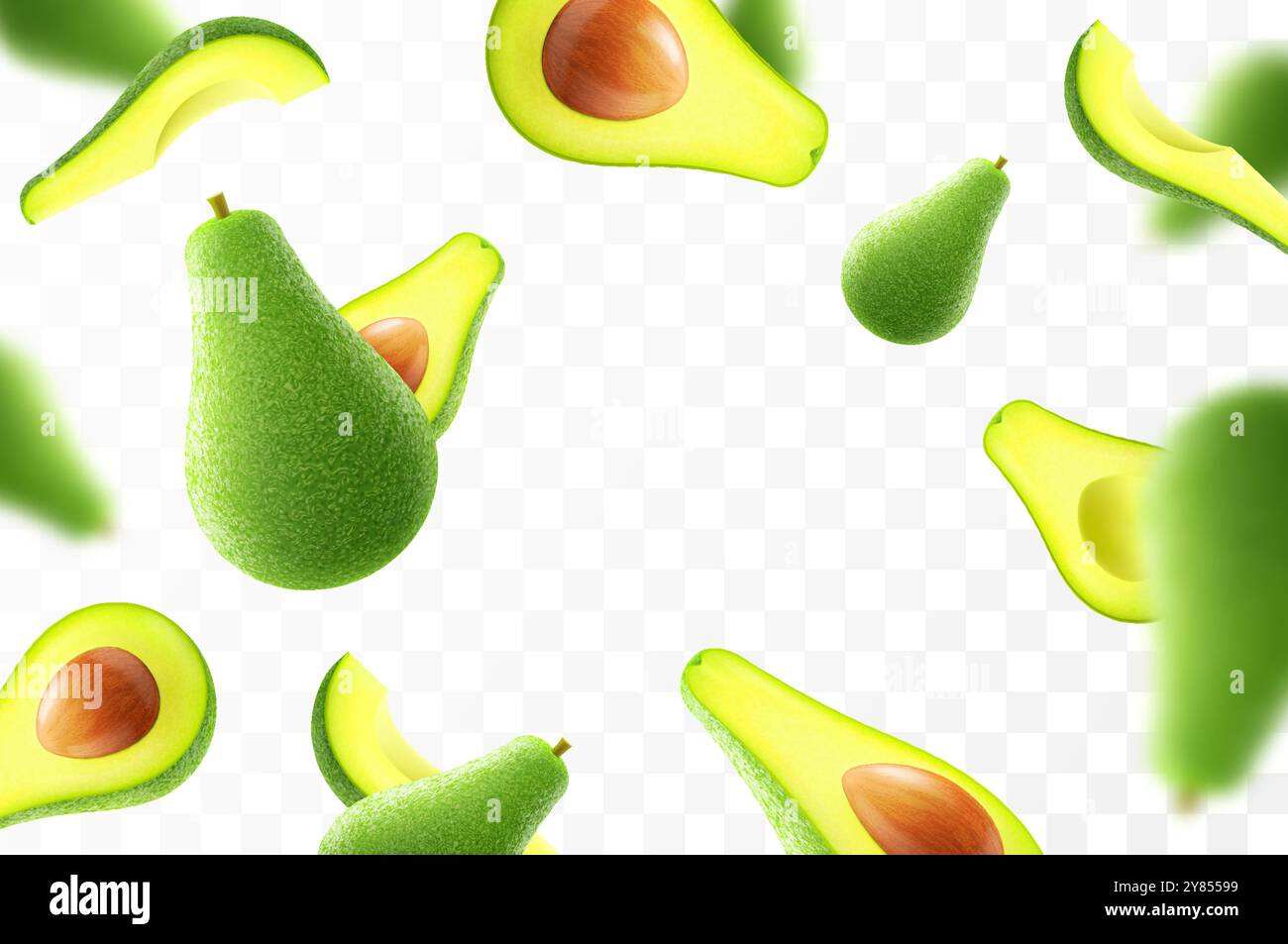 Flying ripe fresh avocado. Bright advertising background falling juicy ...