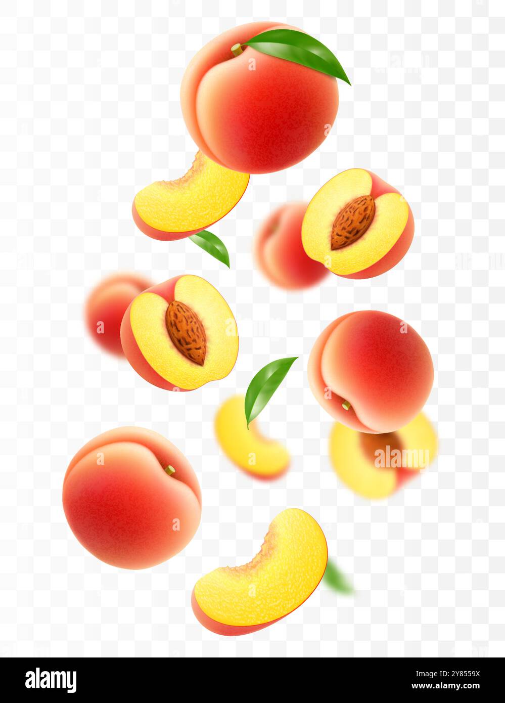 Flying ripe peach. Bright advertising background falling juicy sweet ...