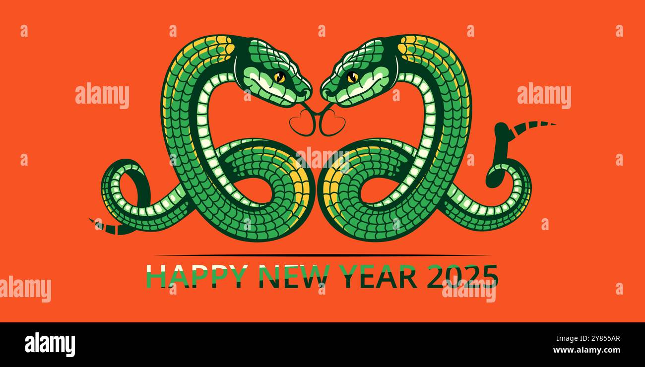 2025 Happy New Year banner. Chinese calendar snake year. Cute green ...