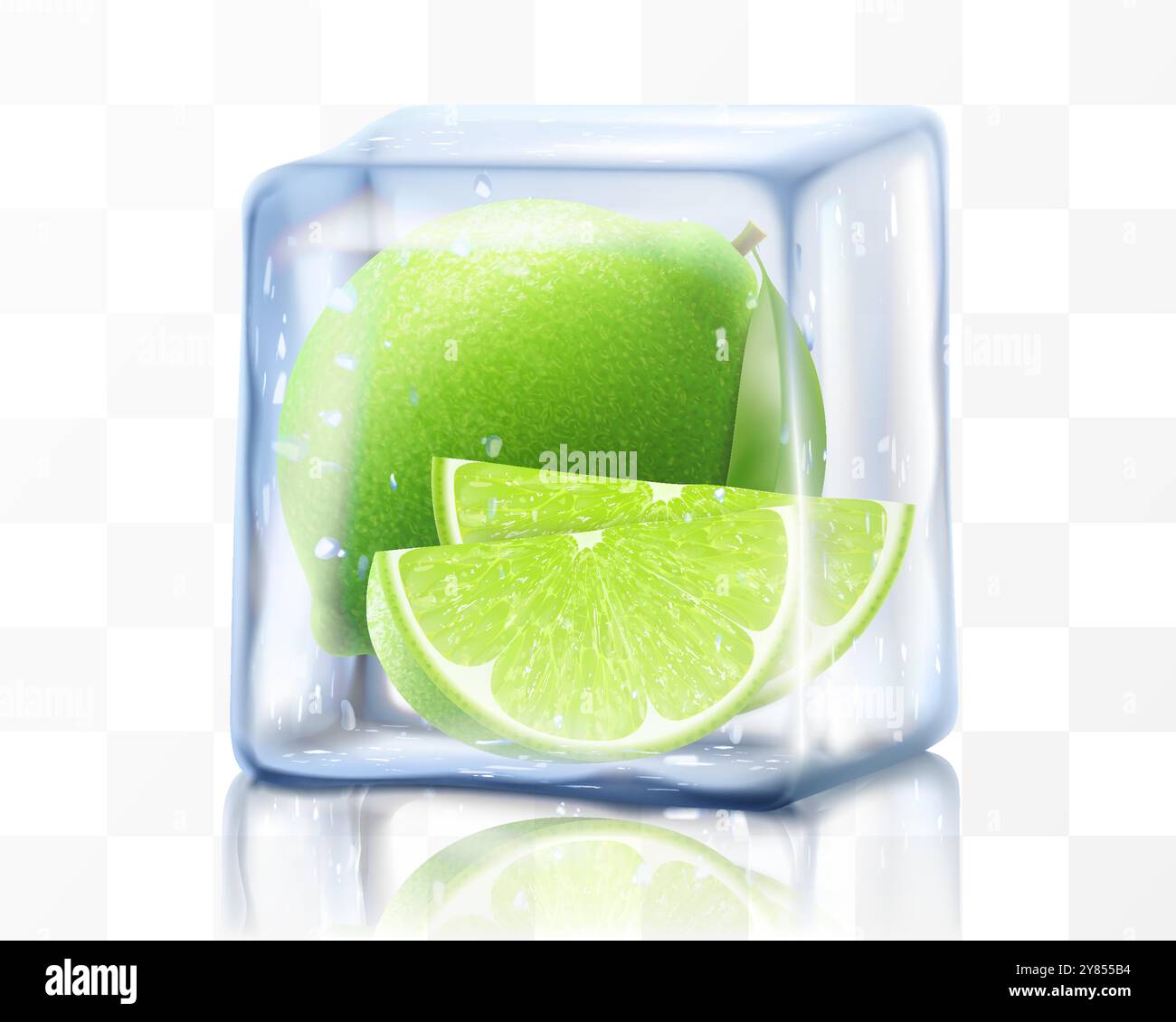 Green fresh lime in ice cube isolated on transparent background. Frozen ripe juicy lime ...