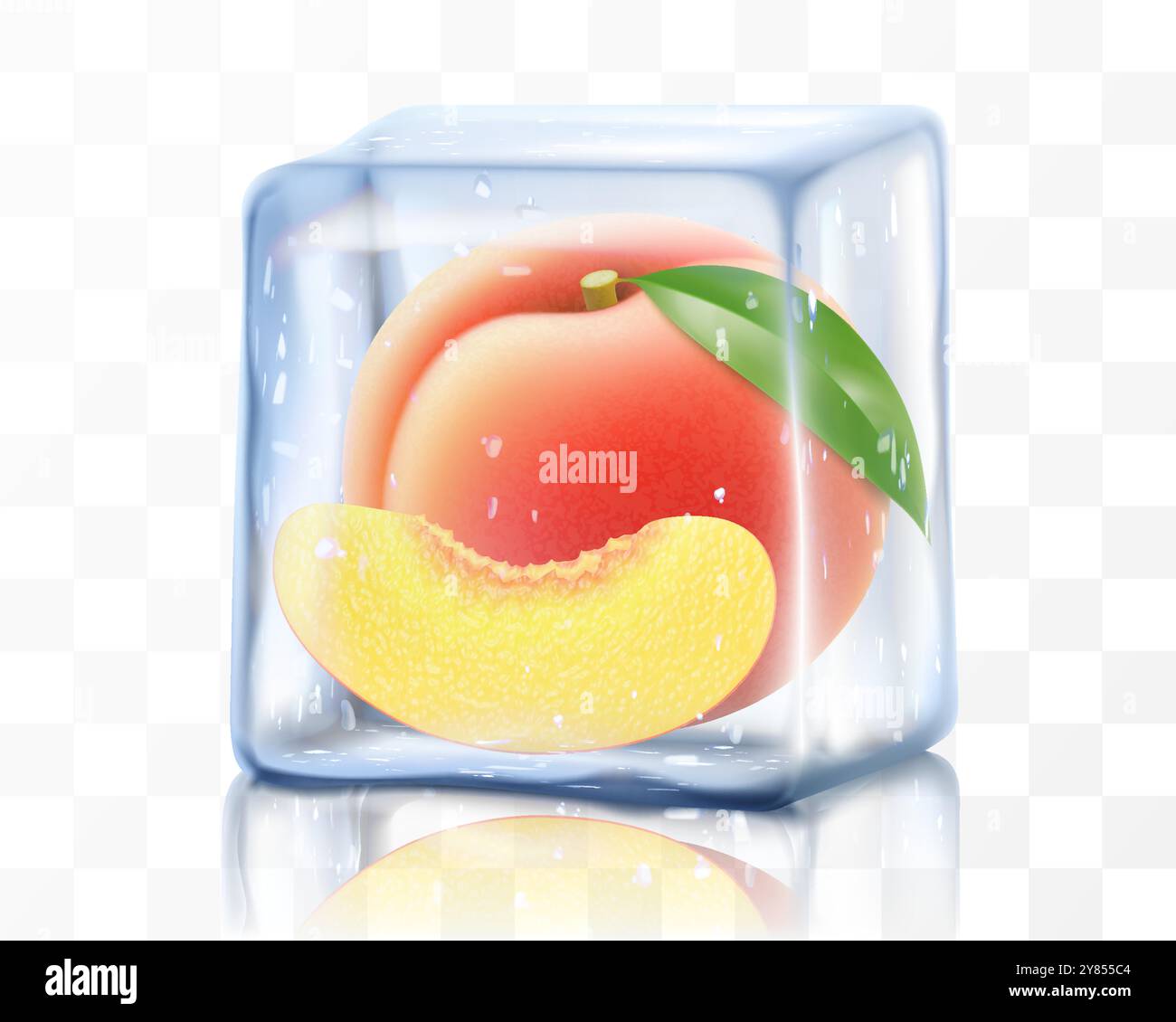 Fresh ripe peach in ice cube isolated on transparent background. Frozen ...
