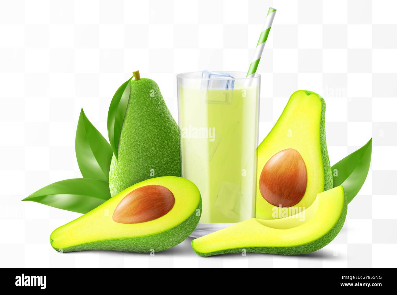 A glass of fresh avocado juice with a straw. Cup of smoothie or ...