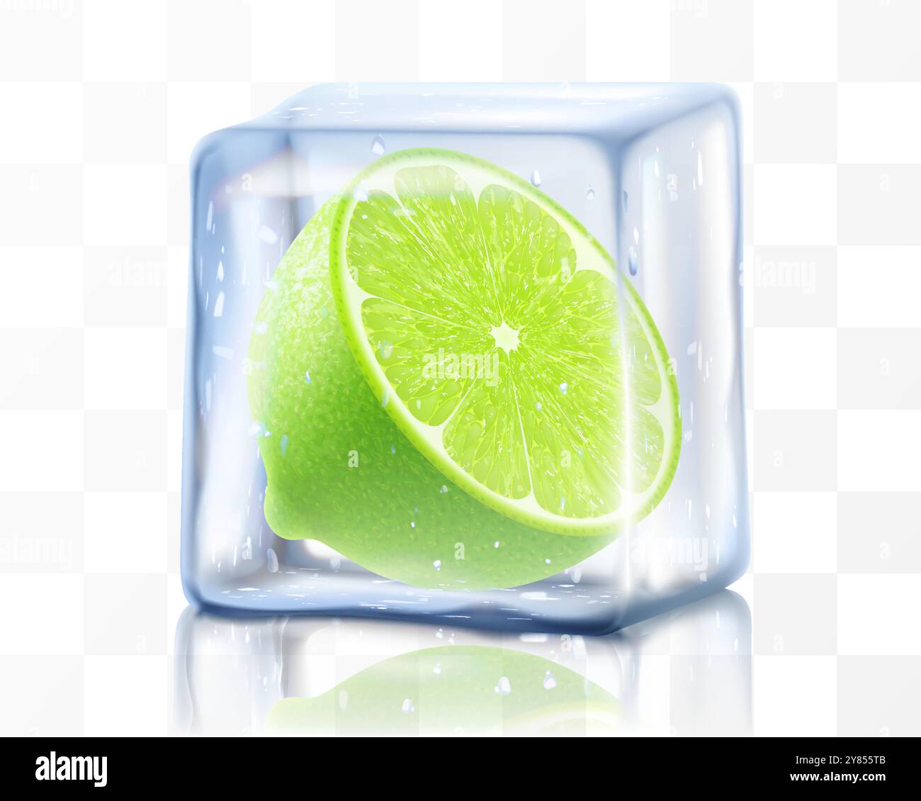 Green fresh slice of lime in ice cube isolated on transparent background. Frozen ripe juicy lime ...