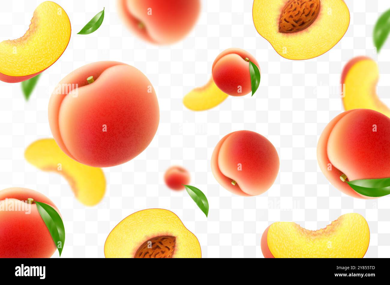 Flying ripe peach. Bright advertising background falling juicy sweet ...