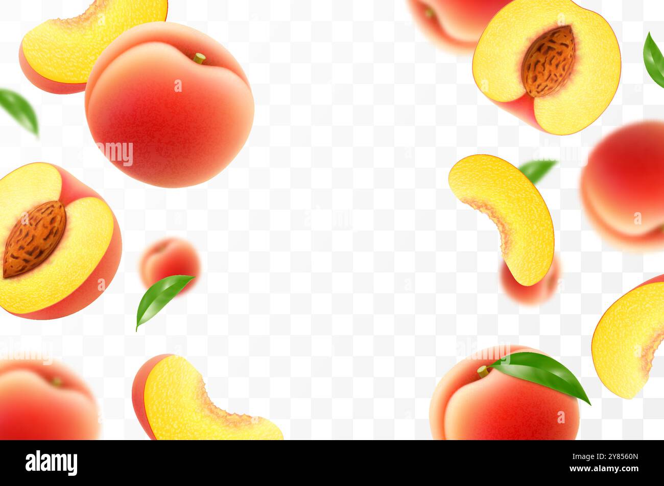 Flying ripe peach. Bright advertising background falling juicy sweet ...