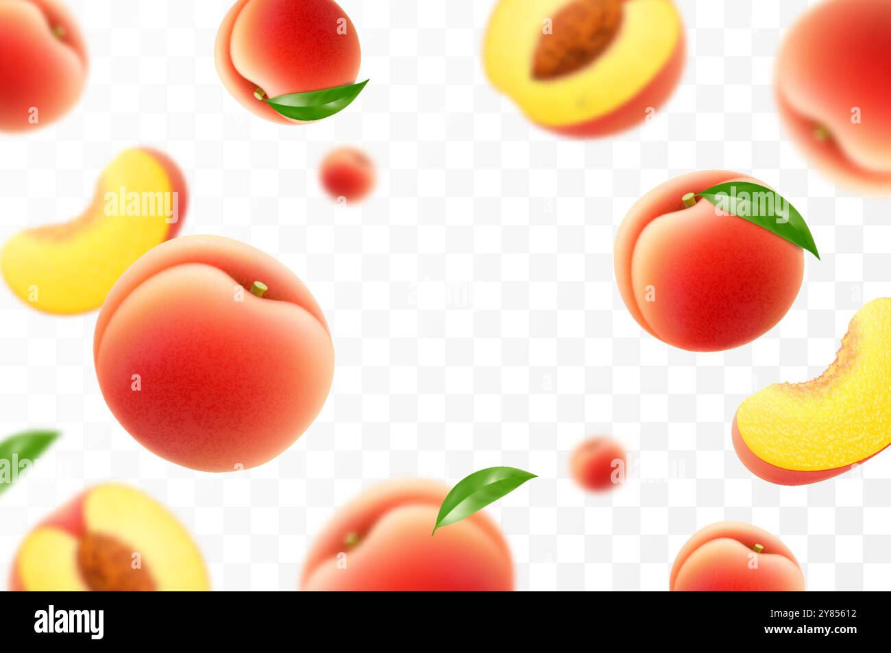 Flying ripe peach. Bright advertising background falling juicy sweet ...