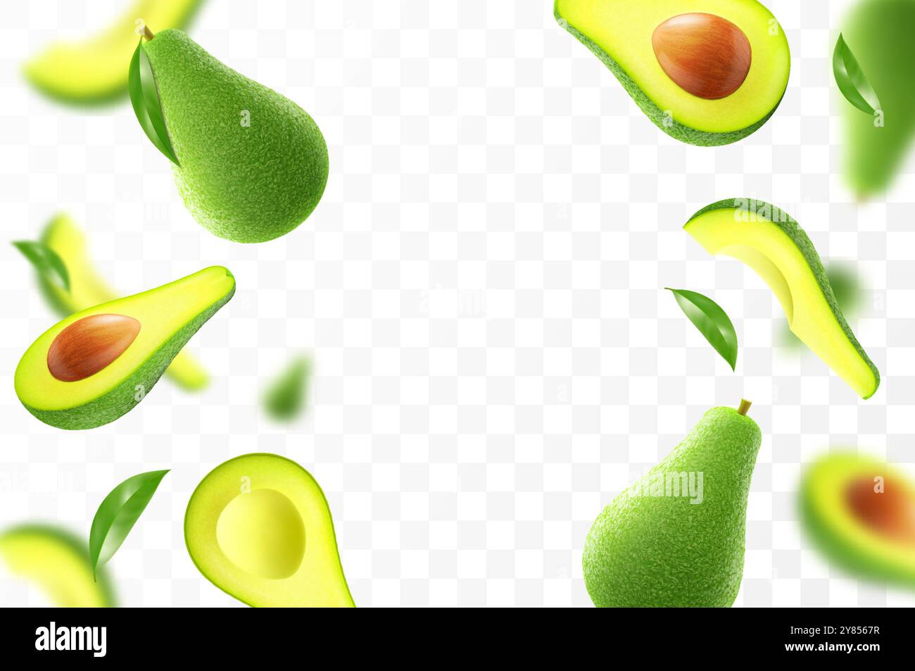 Flying ripe fresh avocado. Bright advertising background falling juicy ...