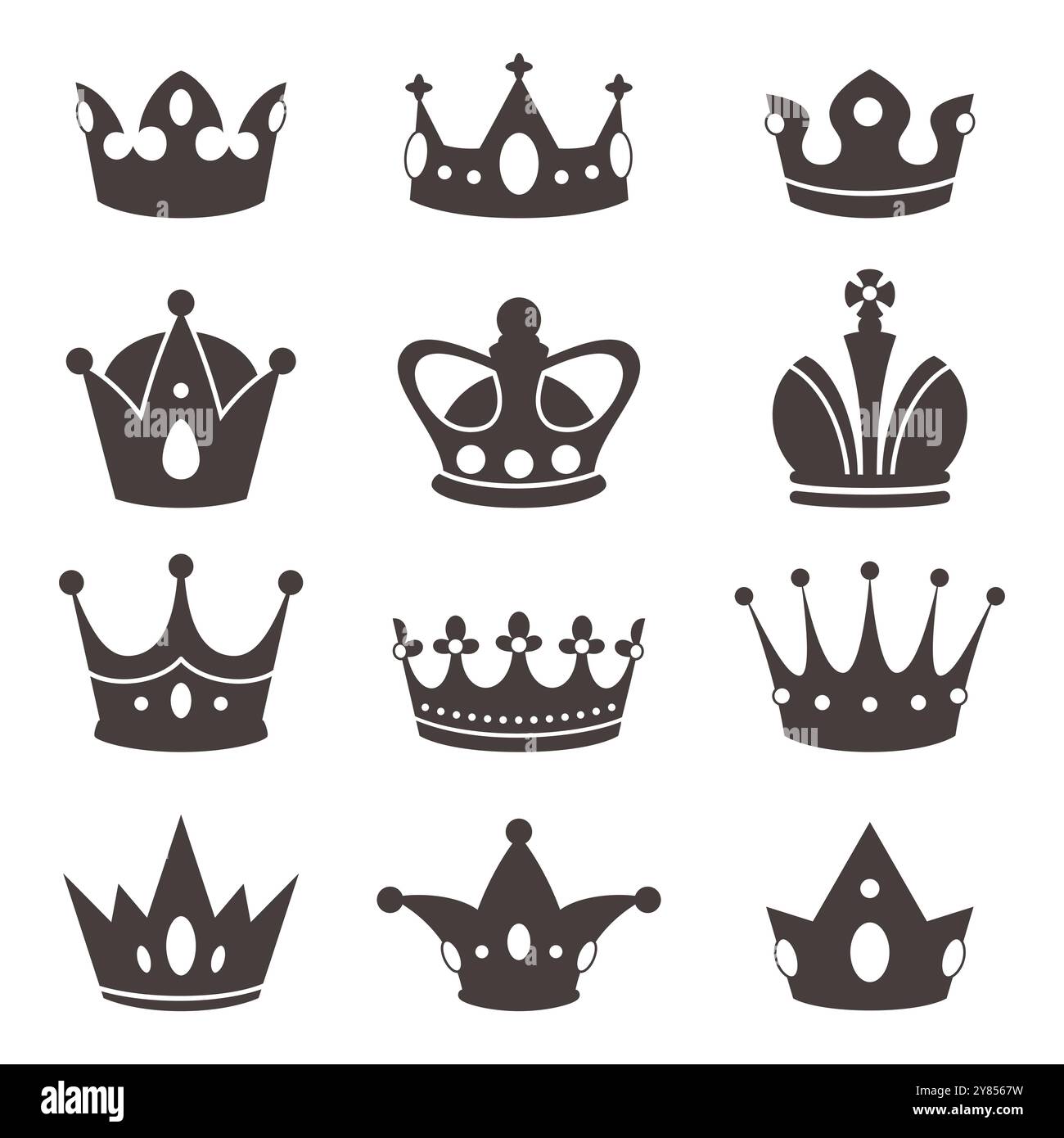 Royal crown silhouettes. Power symbol icons, king, queen and princess ...