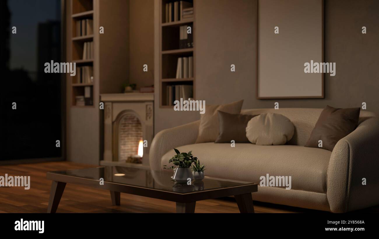 The interior design of a cozy contemporary living room at night ...