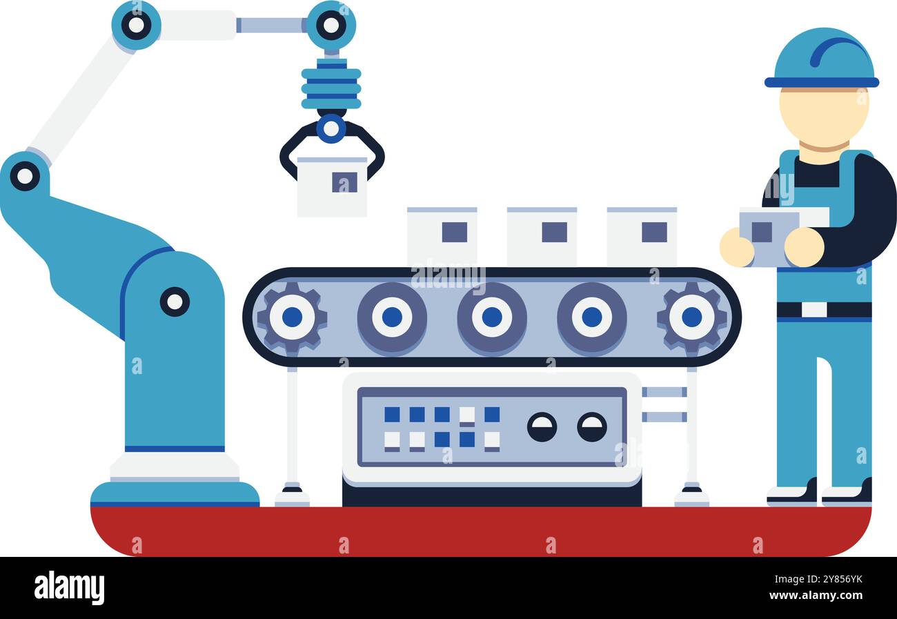 Operator and robotic arm working together on industrial production line ...