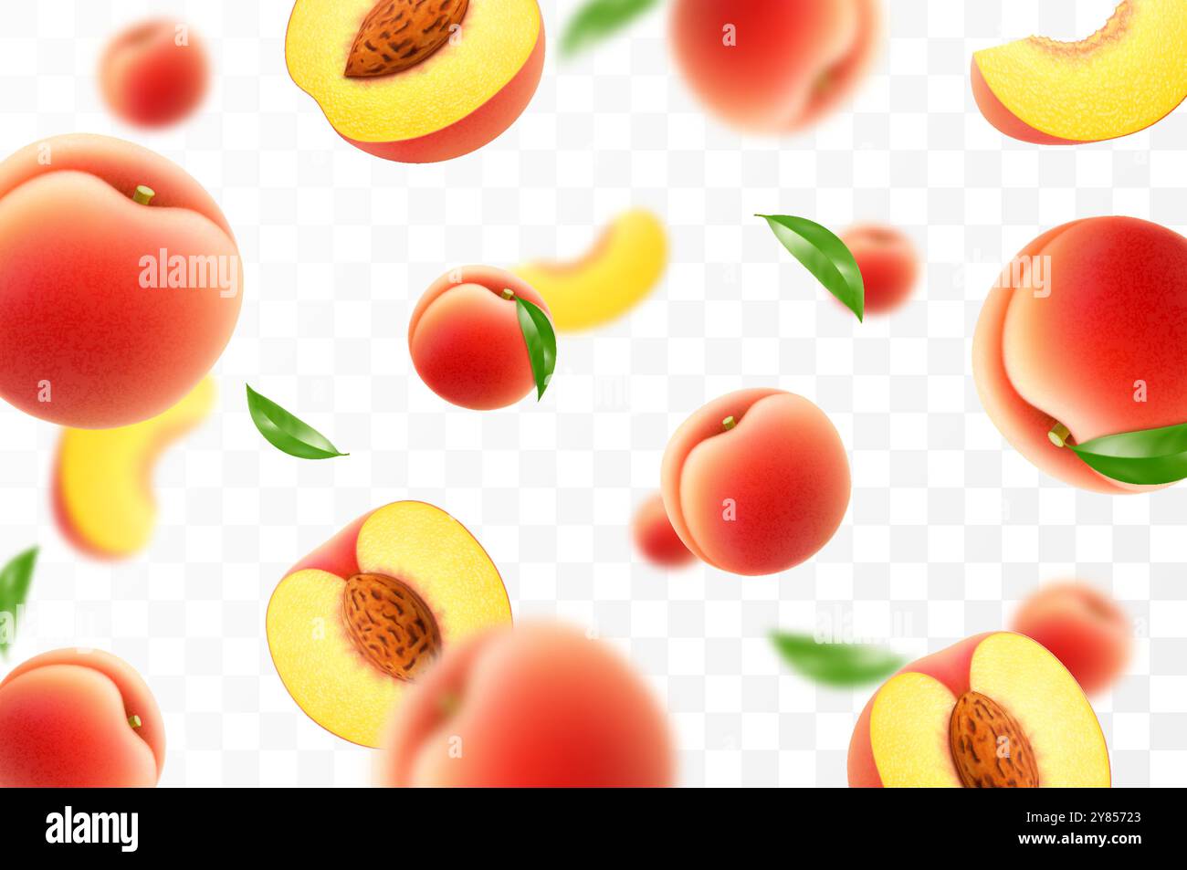 Flying ripe peach. Bright advertising background falling juicy sweet ...