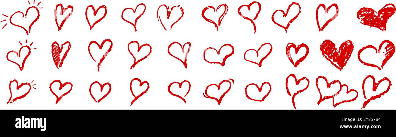 Set of red hearts signs drawn by wax pencil. Love symbols in doodle ...