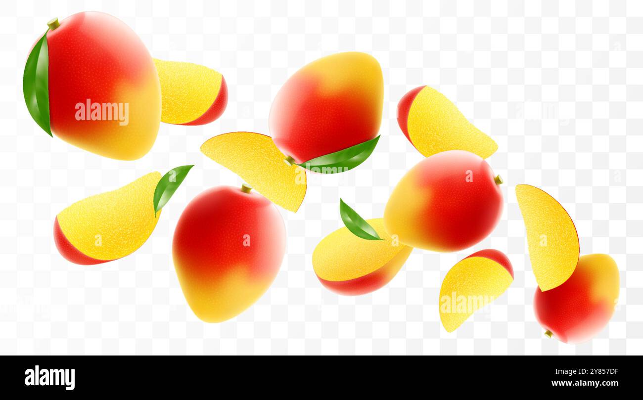 Flying ripe mango. Bright advertising background falling juicy fruit ...