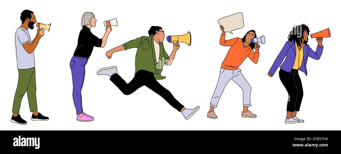 Set of different people shouting through megaphone Stock Vector Image ...