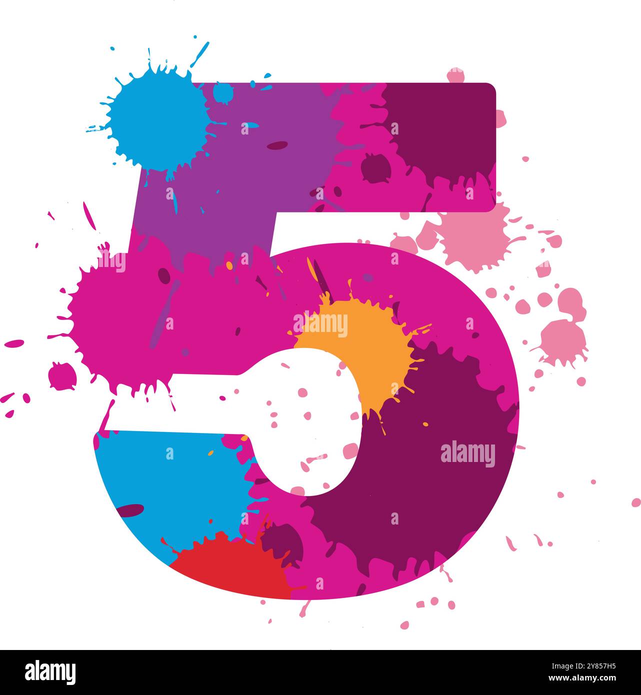 Five number shape with creative paint drops and color splashes isolated ...