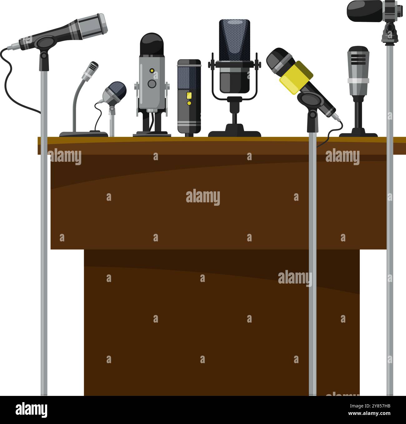 Conference tribune with various microphones. Public debate or press ...