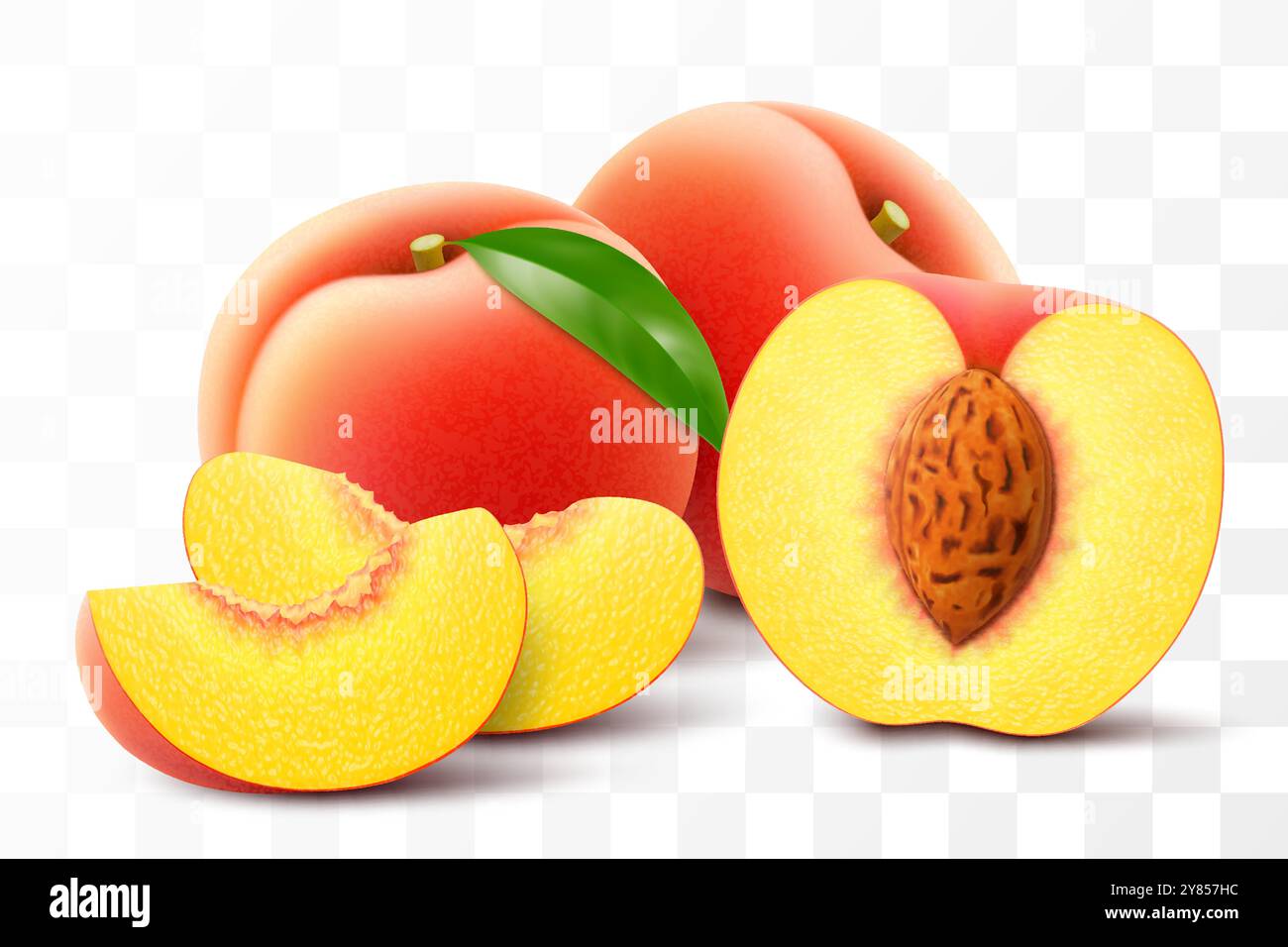 Ripe peach fruit illustration. Half, whole and slice juicy of peach ...