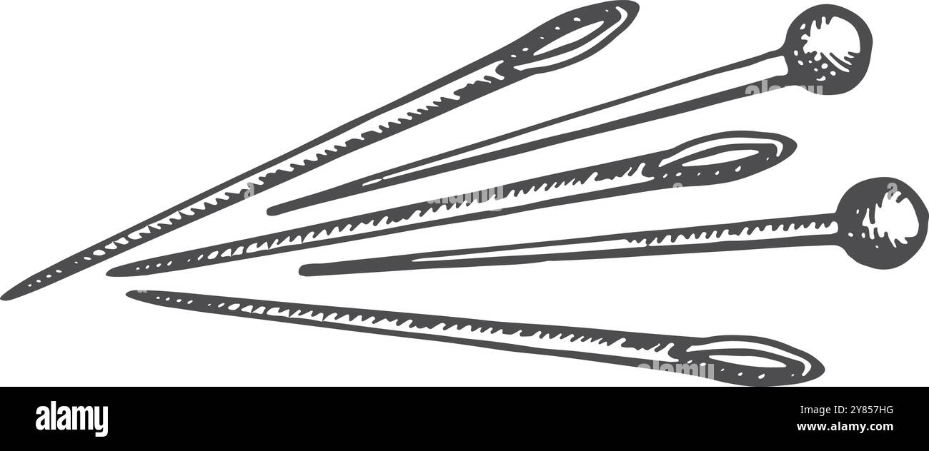 Sewing pins and needles black engraving. Handmade tools Stock Vector ...