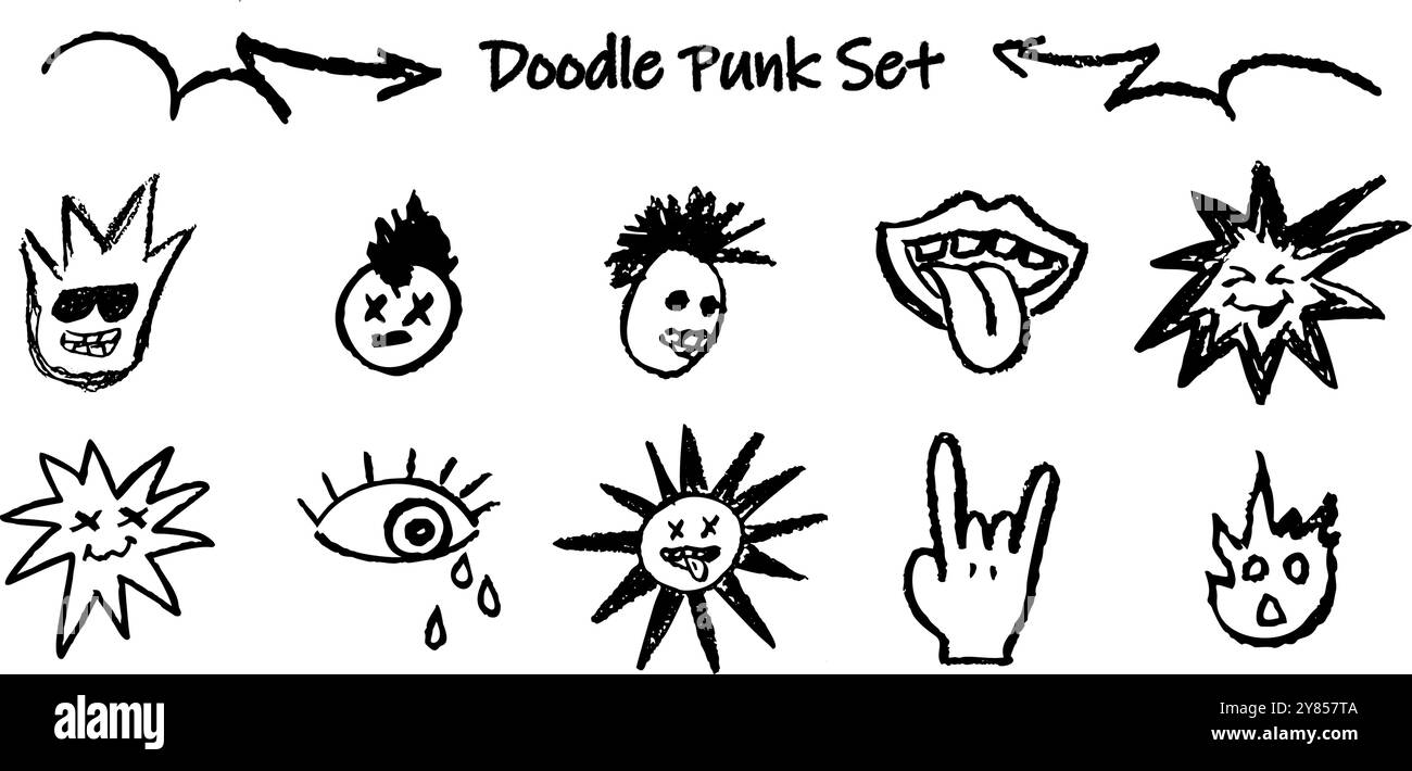 Set of doodle punk head, goat gesture, cloud. Collection of vector ...