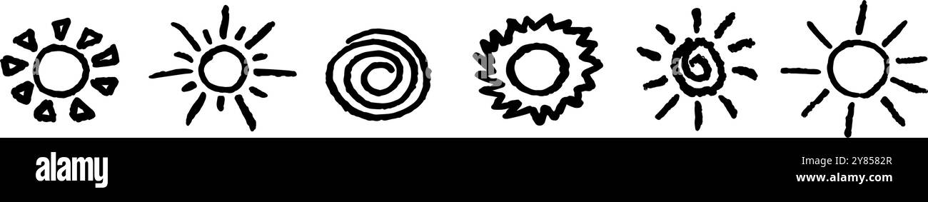 Set of fun like kid drawing black sun. Collection painted with pastel ...