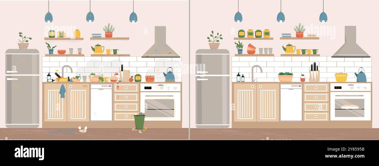 Clean and dearty kitchen. Kitchen before and after cleaning. Kitchen ...