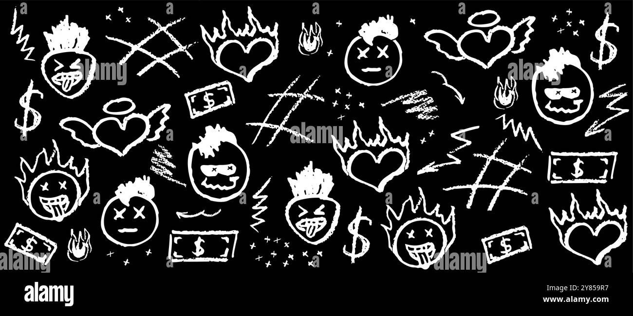 White wax crayon drawing grafitti elements. Collection of vector ...