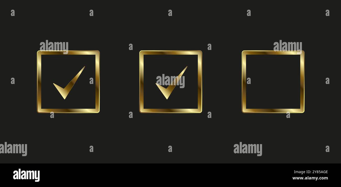 Group of three selection Boxes in Golden Check and selection symbol ...